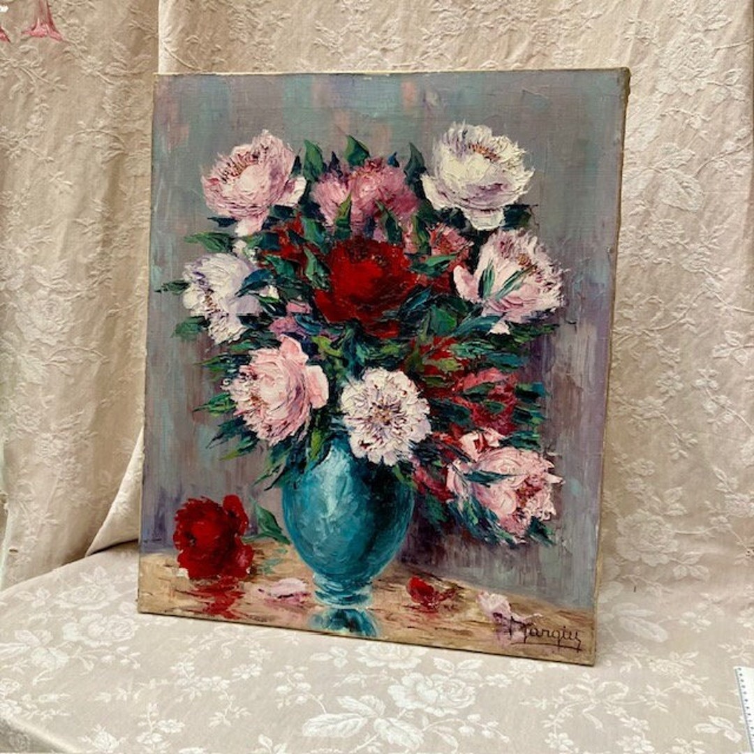 Gorgeous PEONIES Painting Antique Oil / Canvas Bouquet Pink White Red Flowers Blue Vase Signed ...