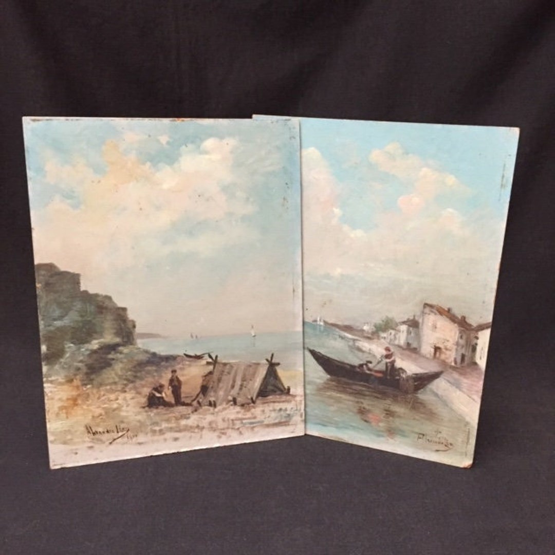 Exquisite PAIR Antique OIL PAINTINGS on Cardboard Signed Alexandre Léo ...