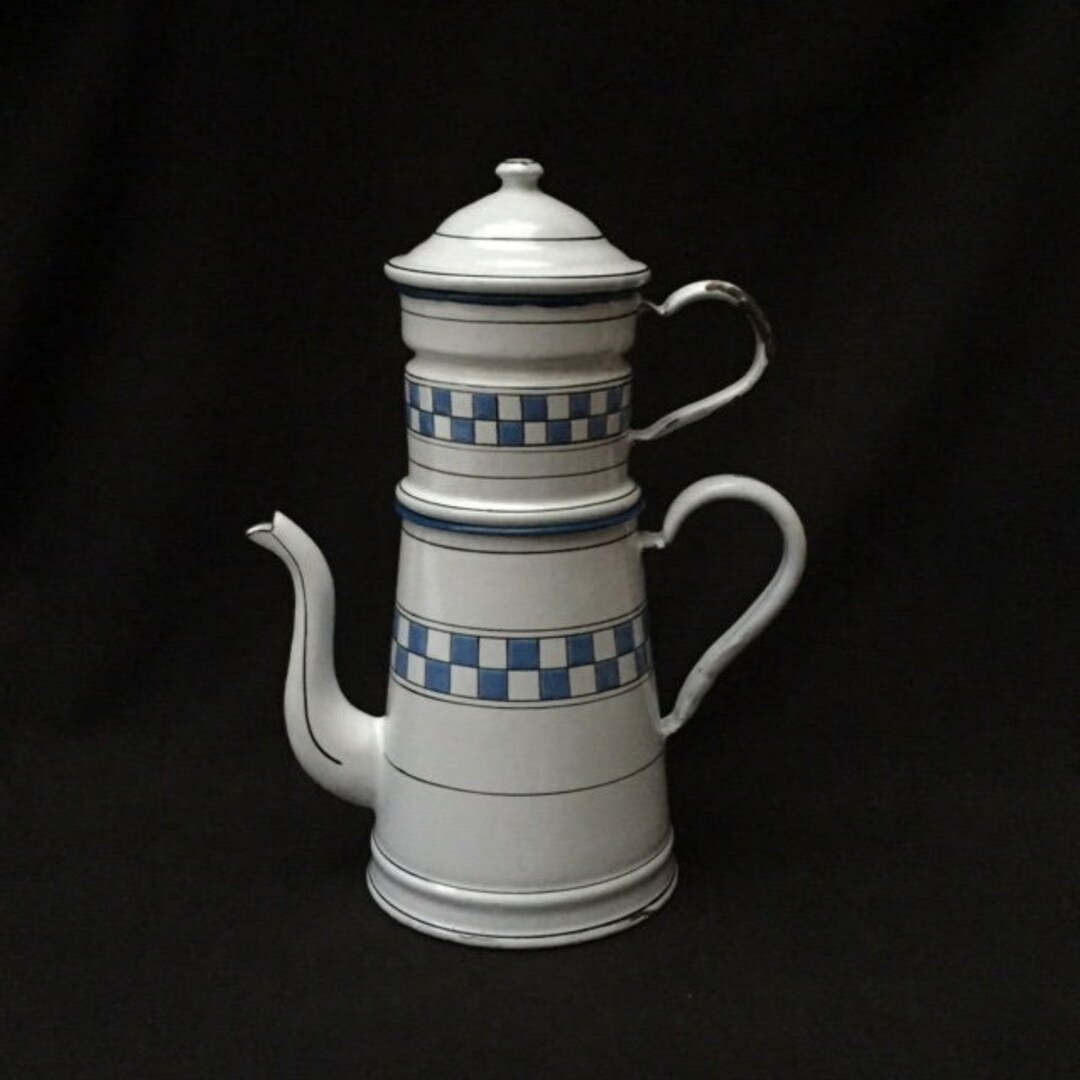 Dutch Blue Check French ENAMELWARE Antique French COFFEE POT Biggin ...