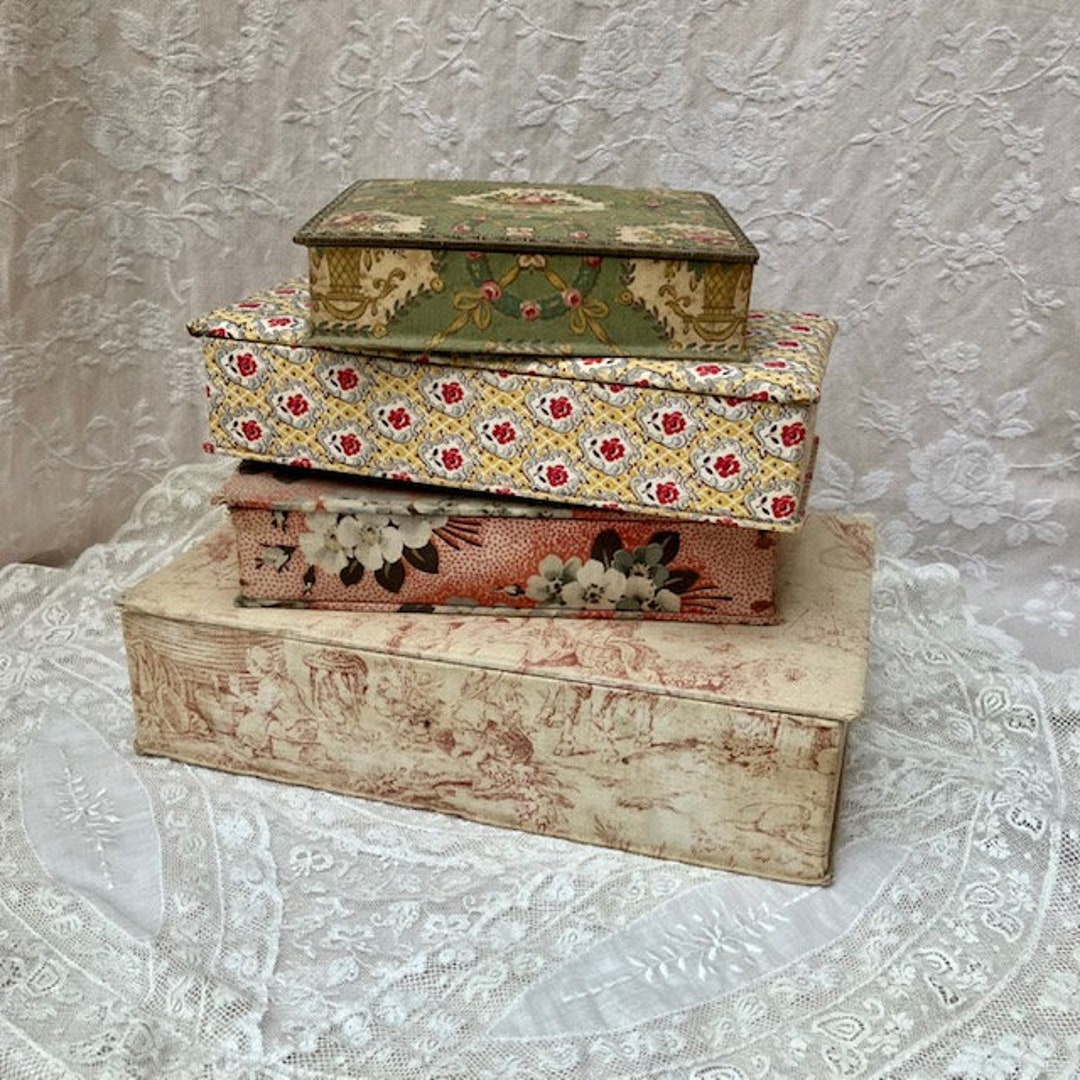 BARGAIN Lot 4 Four Boudoir Boxes Floral Fabric Cretonne Covered 1st ...