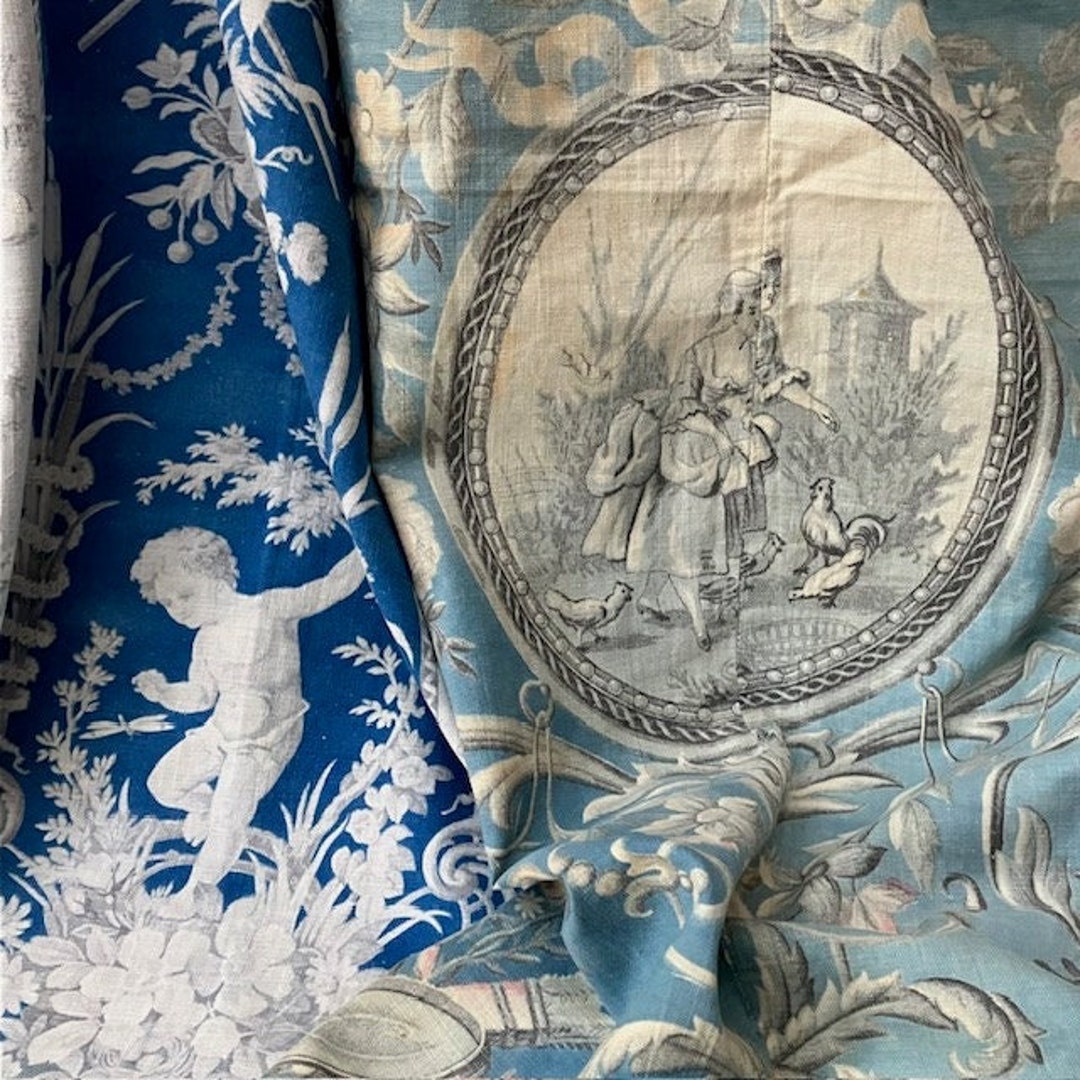 Two Gorgeous Vtg Boudoir Curtain Fragments Trianon Blue Jouy CHERUB ...