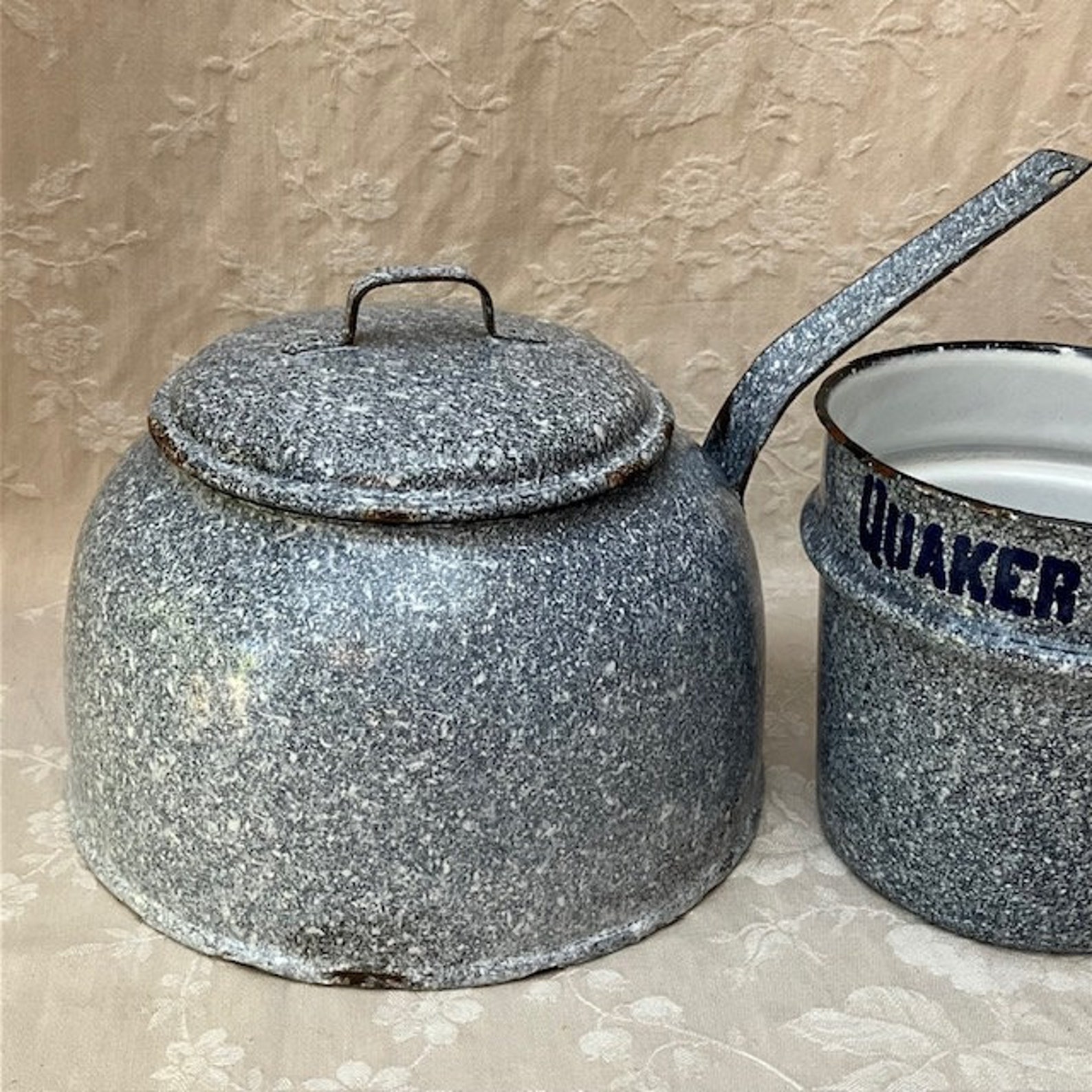 Unusual and Rare American Granite QUAKER OATS Cooker Antique Enamelware Gray Mottled Complete 3 ...