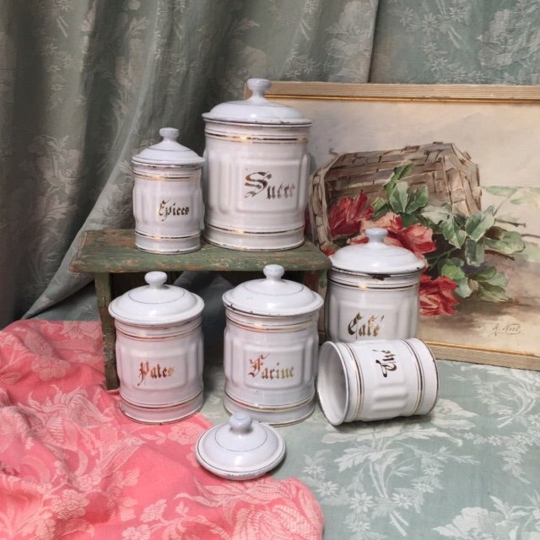 Antique French Nordic White Enamelware Canister SET 6 Units Embossed ...
