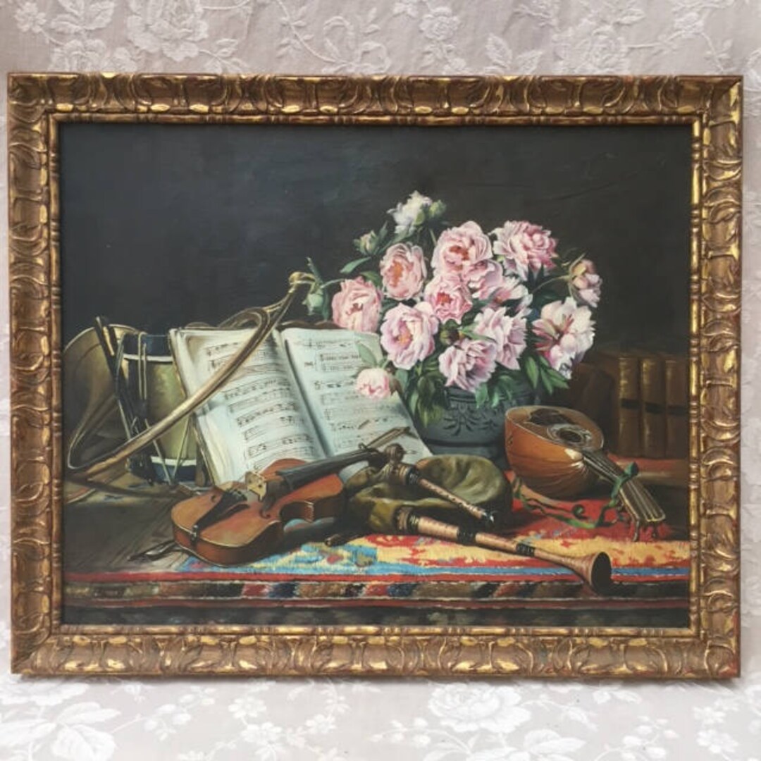 Romantic Vtg French GICLEE ART PRINT Peonies Music Instruments & Book ...