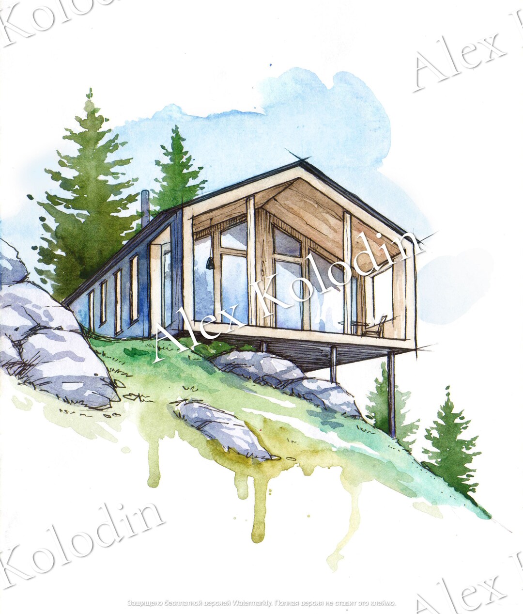 House Home Architecture Watercolor Hand Drawn Picture Sketch Drawing - Etsy