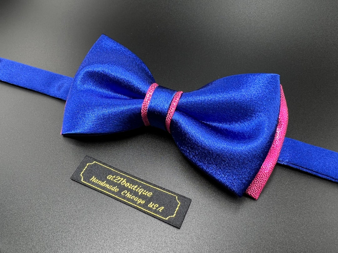 Royal Blue Bow Tie With Metallic Fuschia Trim - Handmade Satin Bowtie ...