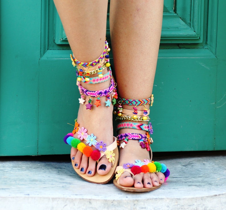 Pom Pom 'rainbow' Festival Sandals by Borsis(handmade to Order) - Etsy