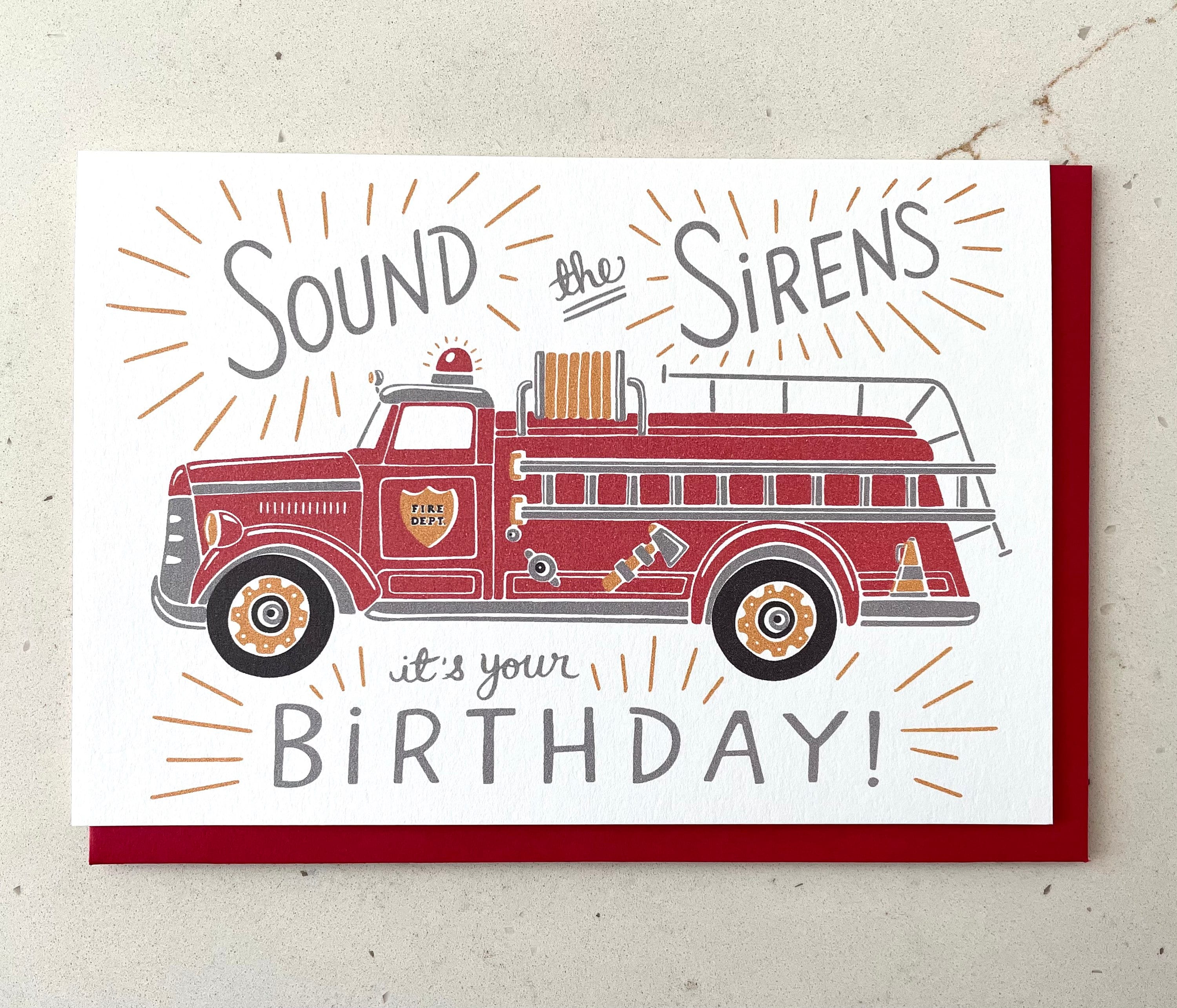 Fire Truck Illustrated Birthday Card Greeting Card Made in France ...