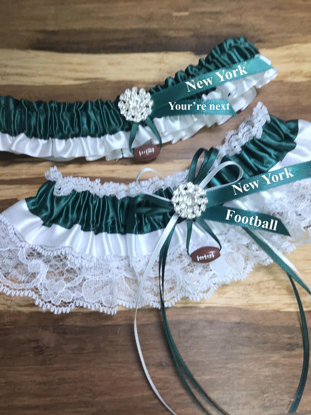 New York Football Garter Set: Satin, Lace & Rhinestone Wedding Garters ...