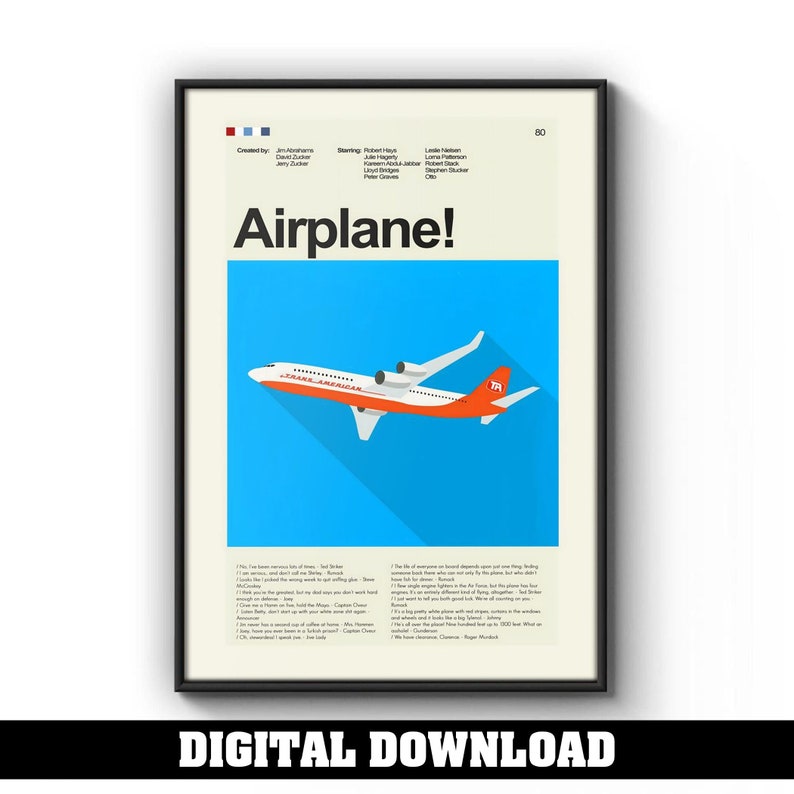 Mid Century Modern Airplane Poster Digital Print, Custom Movie Wall Art ...