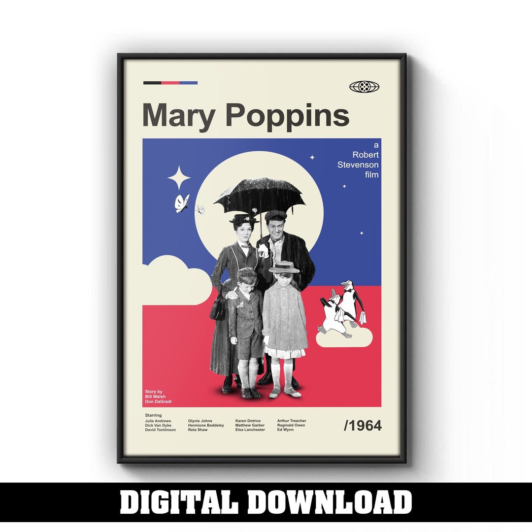 Mid Century Modern Mary Poppins Poster Digital Print, Custom Movie Wall ...