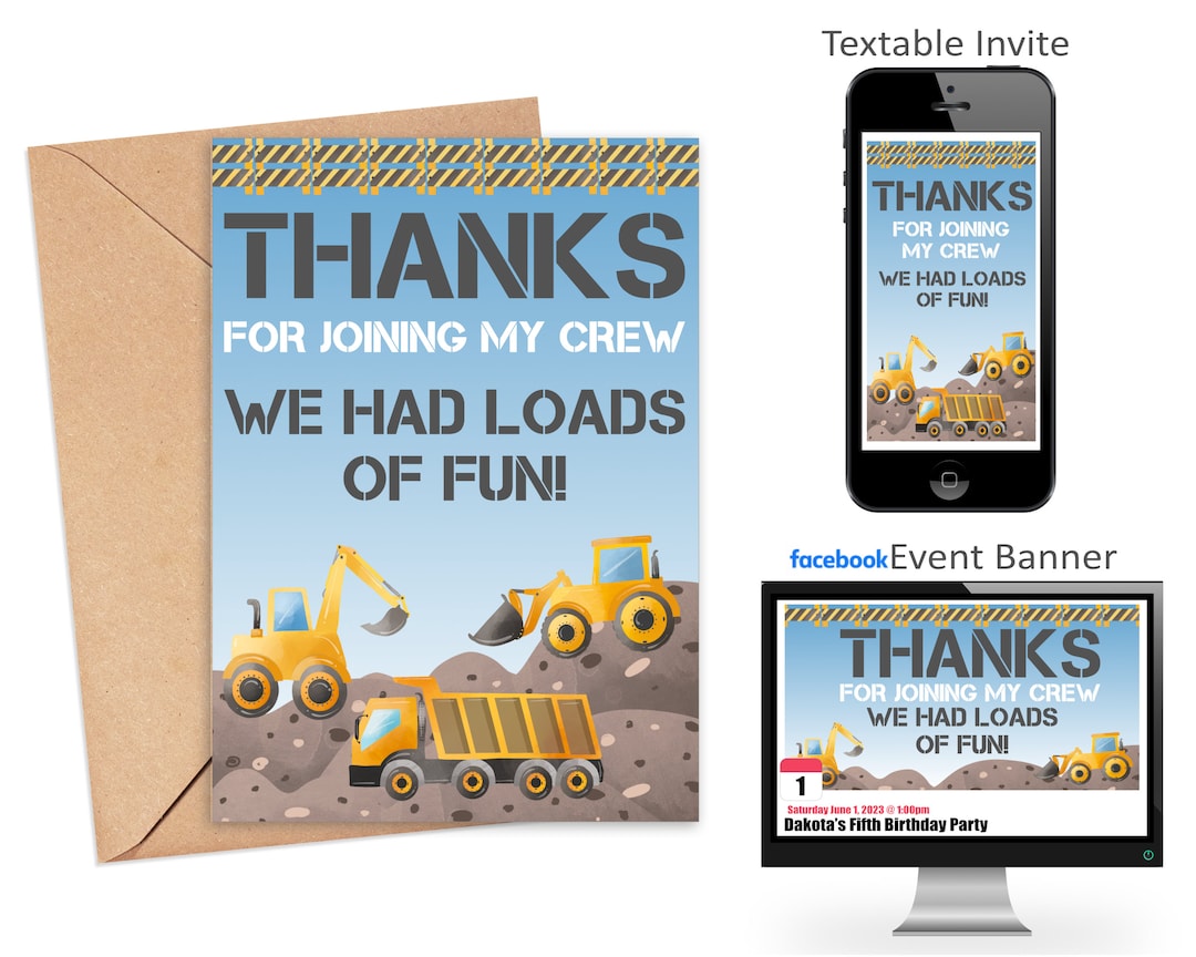 Editable Construction Thank You Cards, Construction Birthday Thank You ...