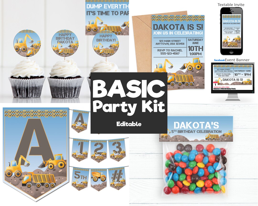 Editable Construction Birthday Party Décor Basic Pack Baby Shower ...
