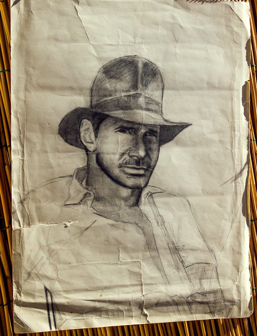 Indiana Jones Sketch Original Drawing Raiders of the Lost Ark Design on ...