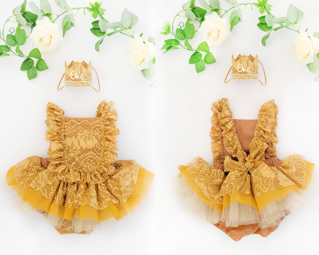 Gold Boho Lace Romper, Baby Girl Gold Lace Romper, Gold Boho 1st ...