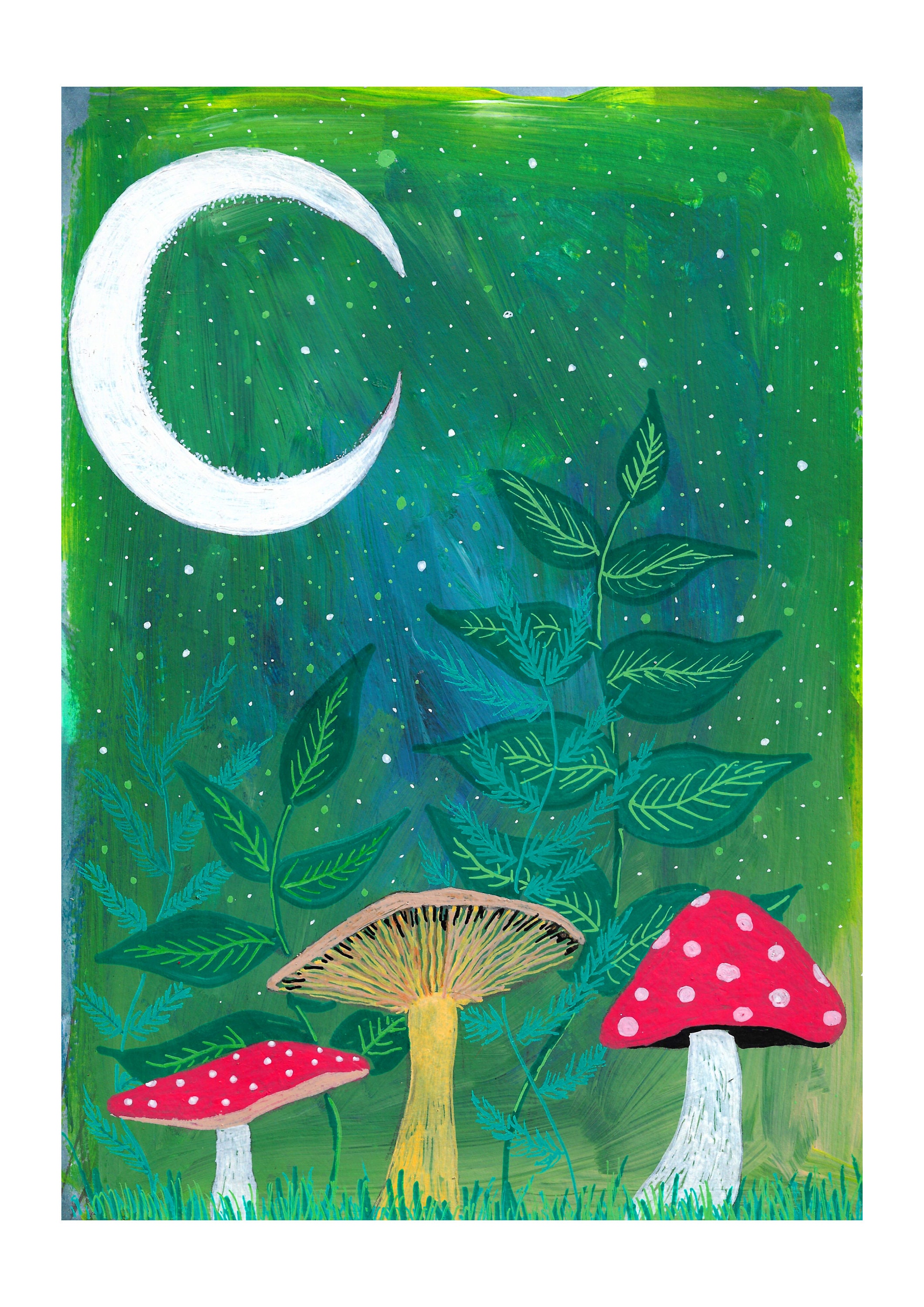 Moon Mushroom Art Print Fairycore Wall Art Green Goblincore Poster A4 ...