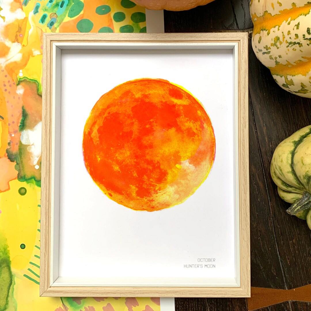Moon Art Print - October Hunter's Moon - Red Watercolour Moon Wall Art ...