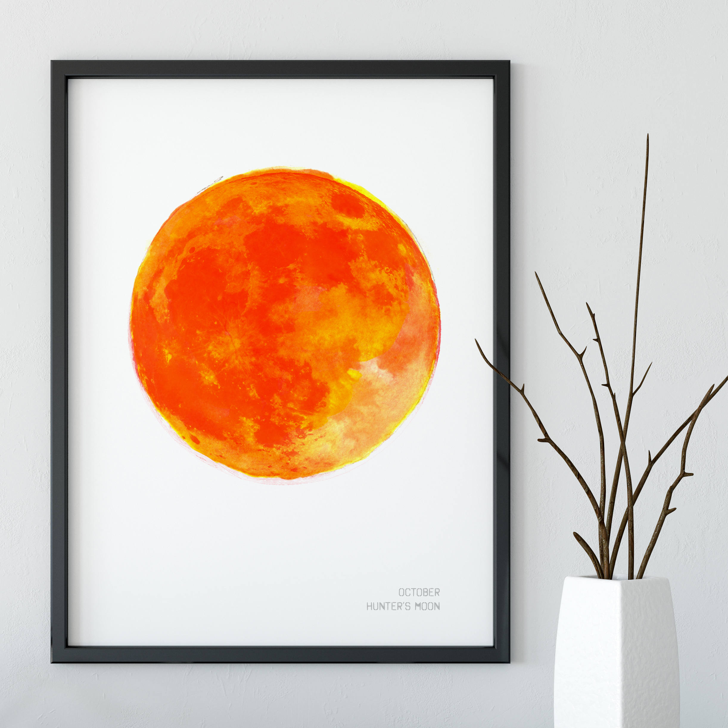 Moon Art Print October Hunter's Moon Red Watercolour Moon Wall Art ...