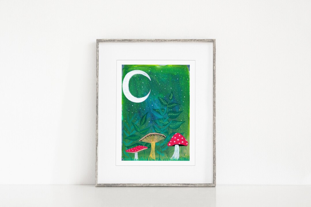 Moon Mushroom Art Print Fairycore Wall Art Green Goblincore Poster A4 ...