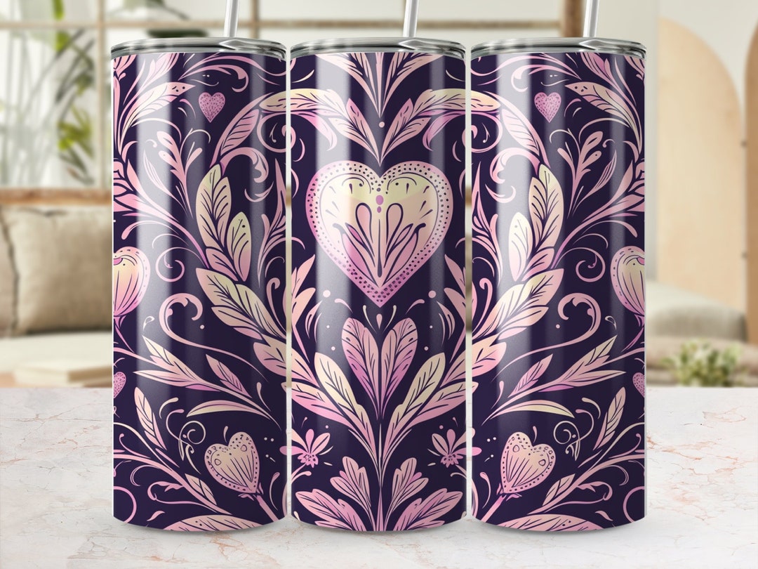 Boho Chic Floral Tumbler, Purple and Pink Hearts Insulated Cup, Eco ...