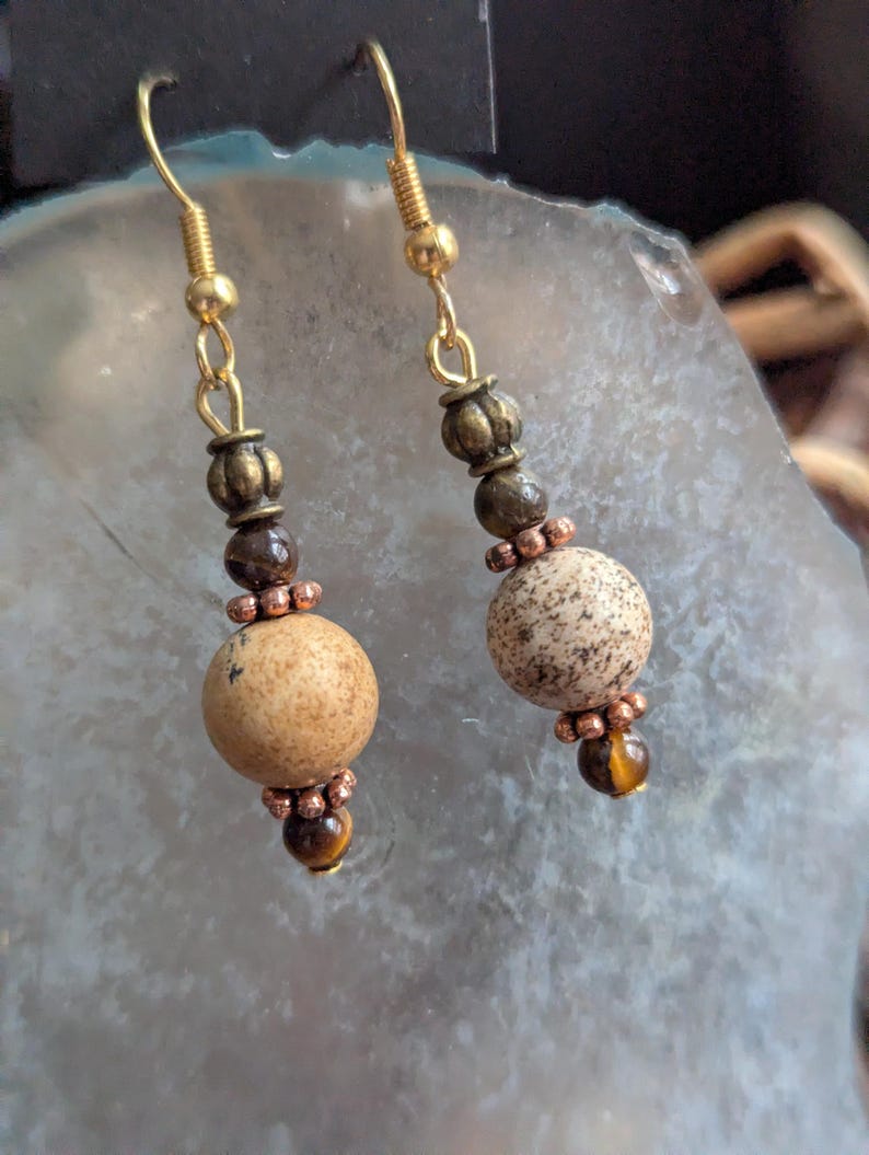 Hand Beaded Natural Stone Earth Tone Earrings - Etsy