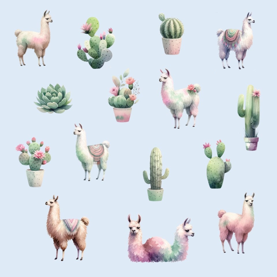 Llama Cacti Watercolor Clip Art Commercial Use - Etsy