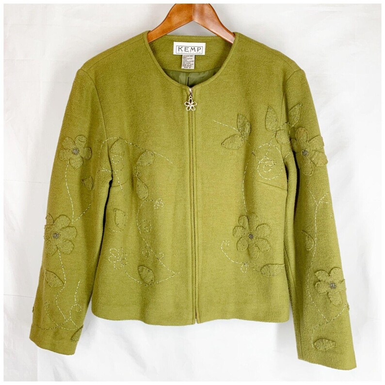 Vintage Boho Kemp Jacket 6 Olive Green Cotton Applique Flowers Classy ...