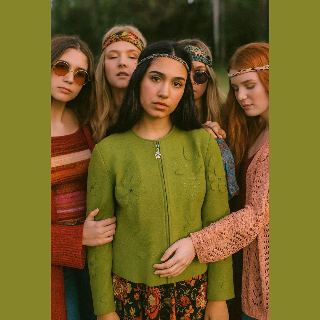 Vintage Boho Kemp Jacket 6 Olive Green Cotton Applique Flowers Classy ...