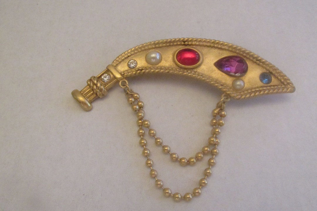 Huge Chunky Vintage Scimitar Sword Gold Tone Brooch With Big ...