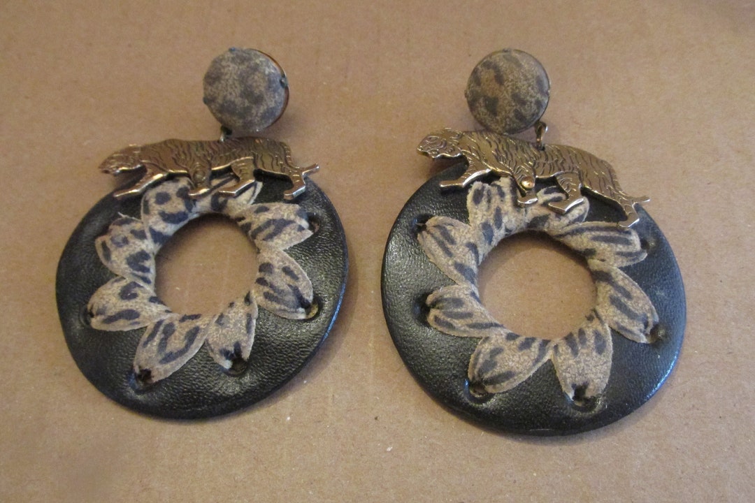 Reserved Vintage Huge Chunky Tiger Design Dangle Pierced Earrings - Etsy