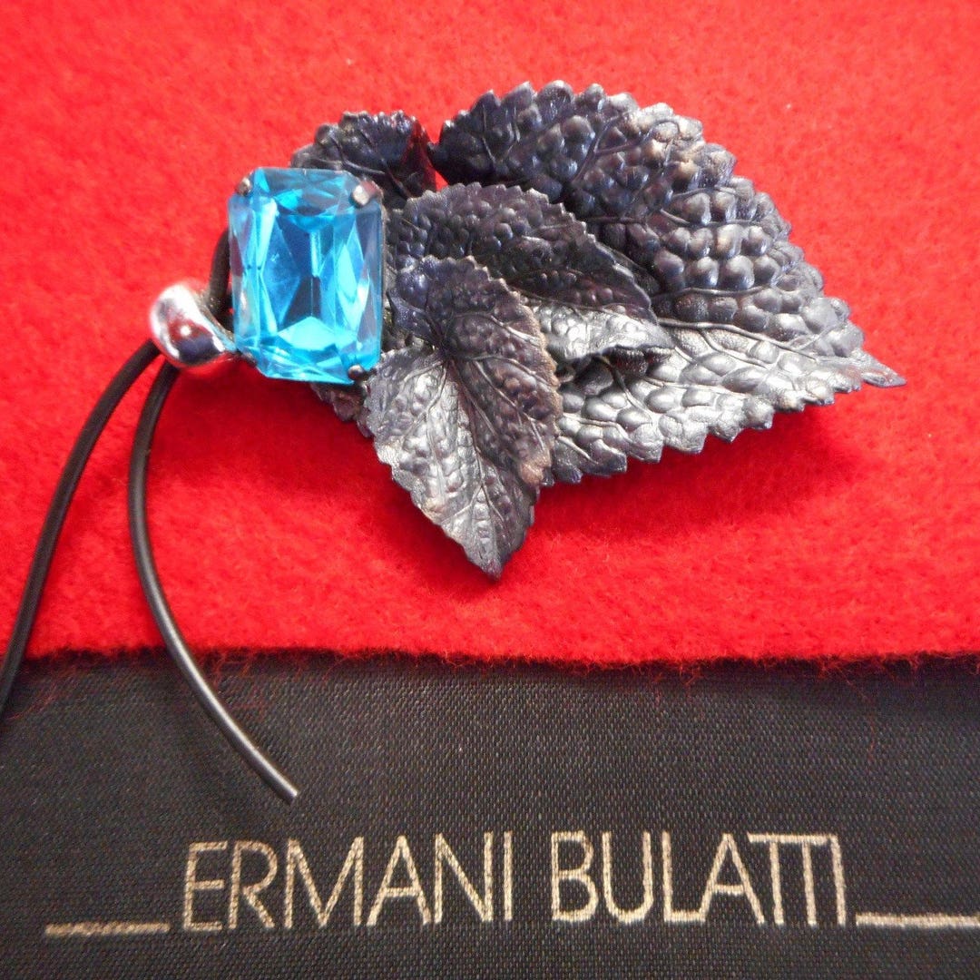 Ermani Bulatti Vintage New Silver Leaf Brooch With Faceted Aqua Plexi ...