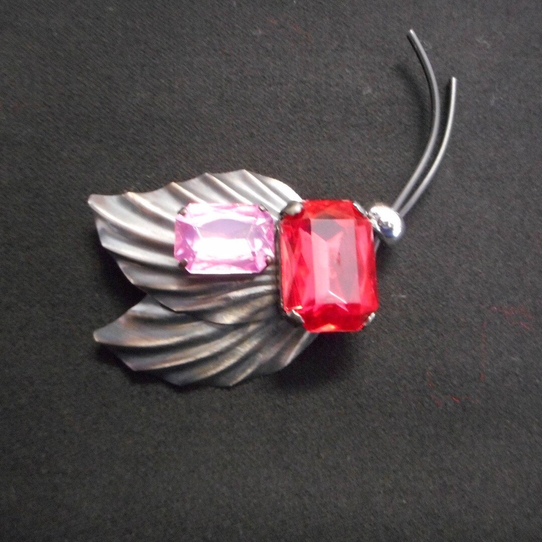 Ermani Bulatti Vintage New Silver Leaf Brooch With Faceted Ruby & Pink ...