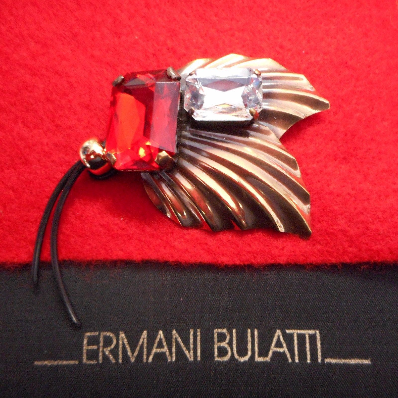 Ermani Bulatti Vintage New Bronze Leaf Brooch With Faceted Ruby & Clear ...