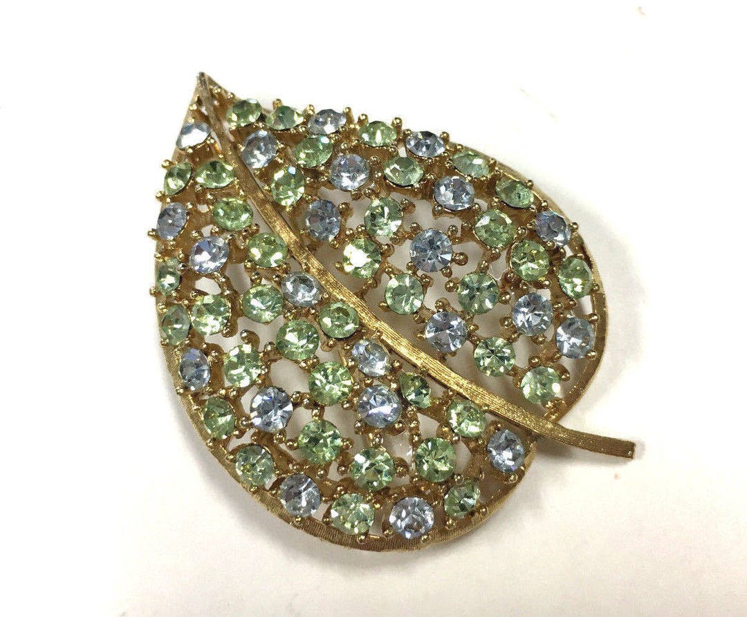 Gorgeous Lisner Signed Vintage Green & Blue Rhinestone Leaf Brooch - Etsy