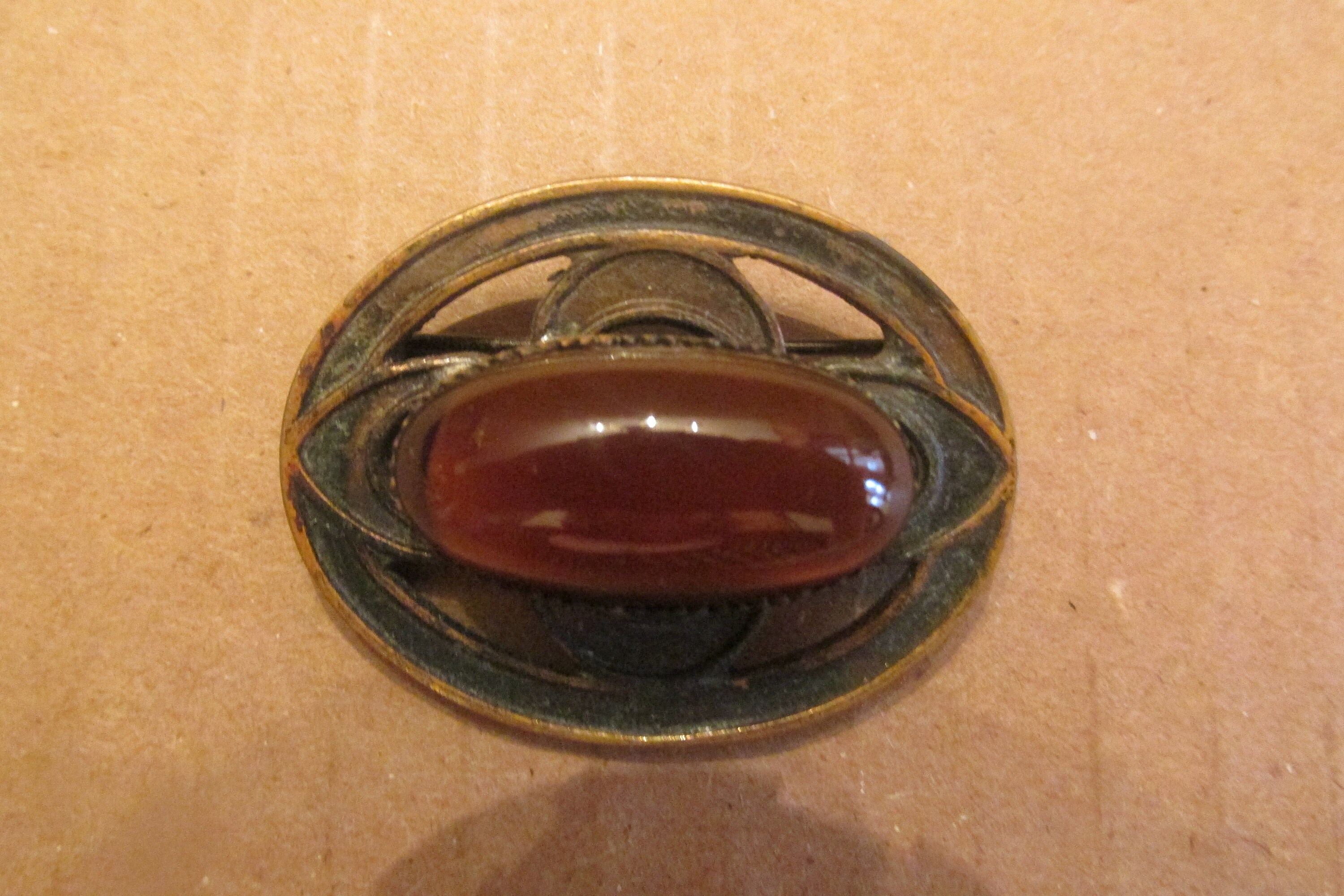 Antique Victorian or Edwardian Bronze Pin With Polished Gemstone Brooch ...