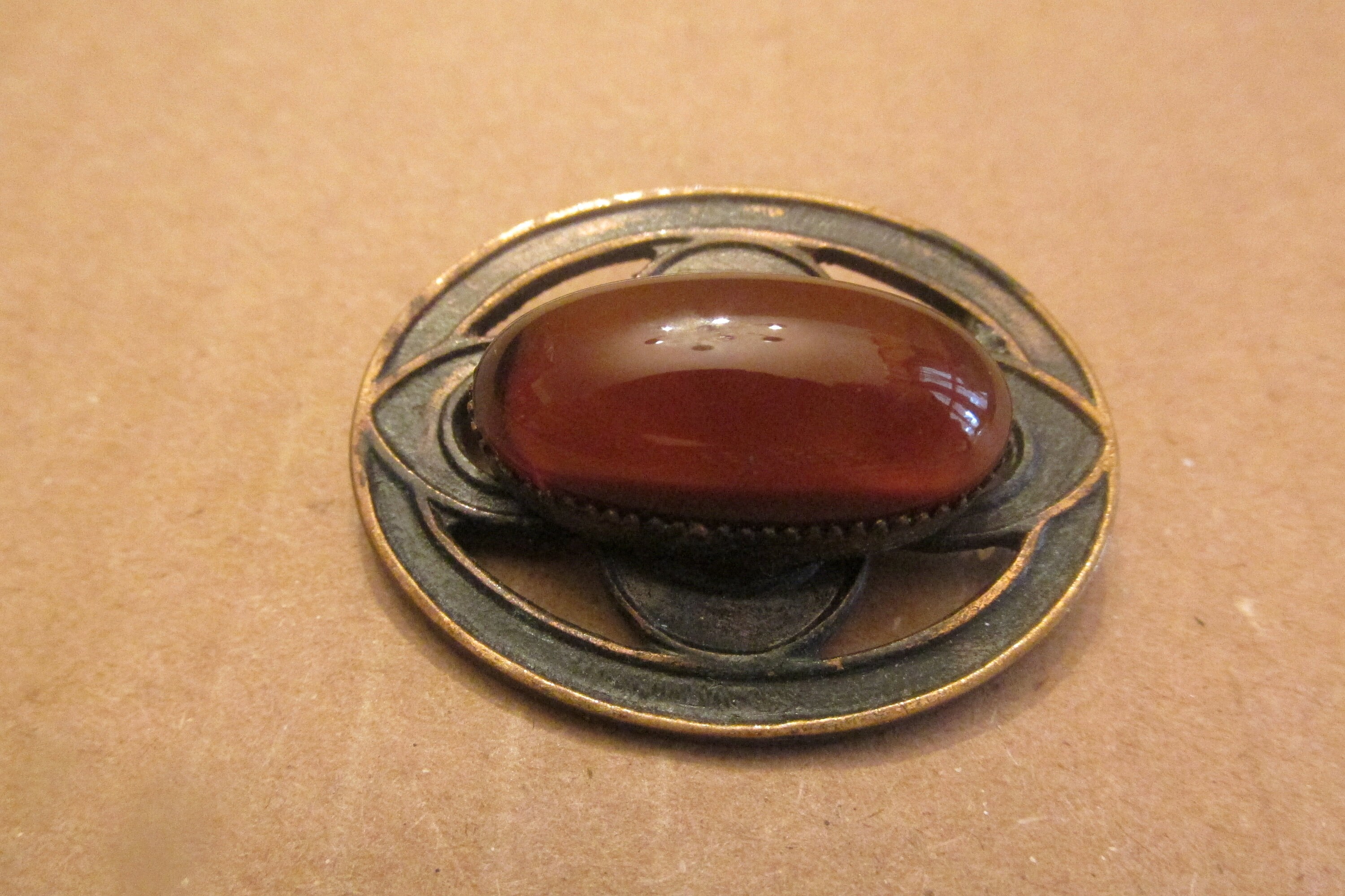 Antique Victorian or Edwardian Bronze Pin With Polished Gemstone Brooch ...