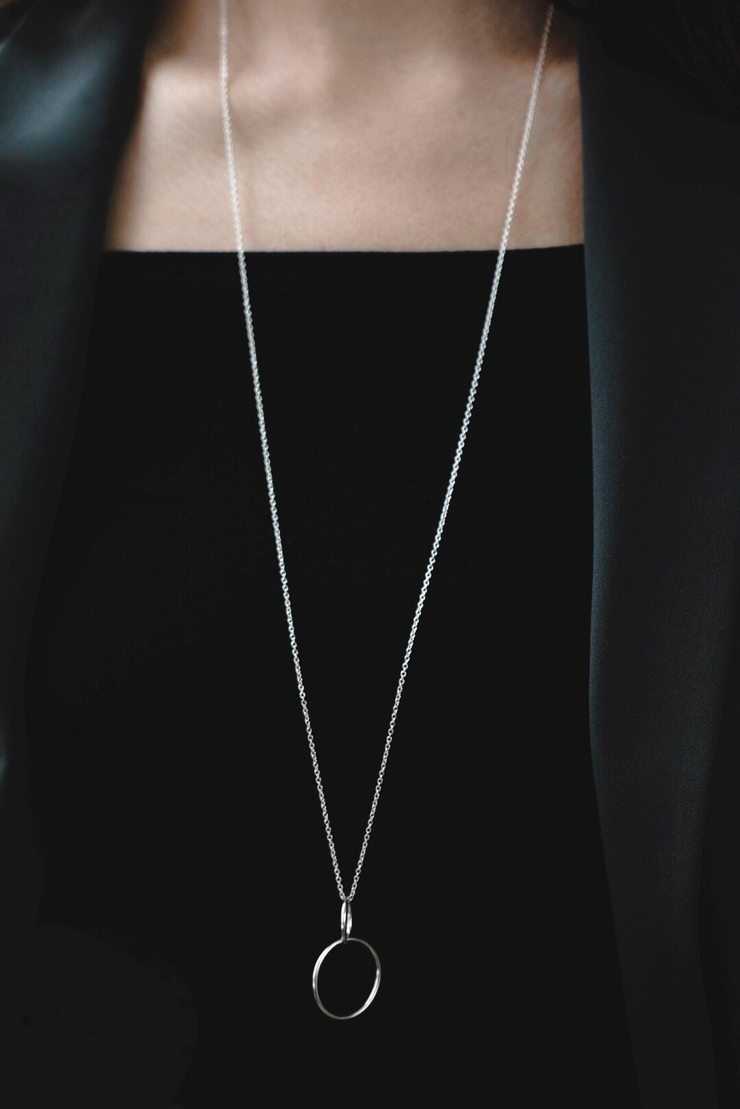 Long Chain Pendant Necklace, Sterling Silver Necklace, Double Circle ...
