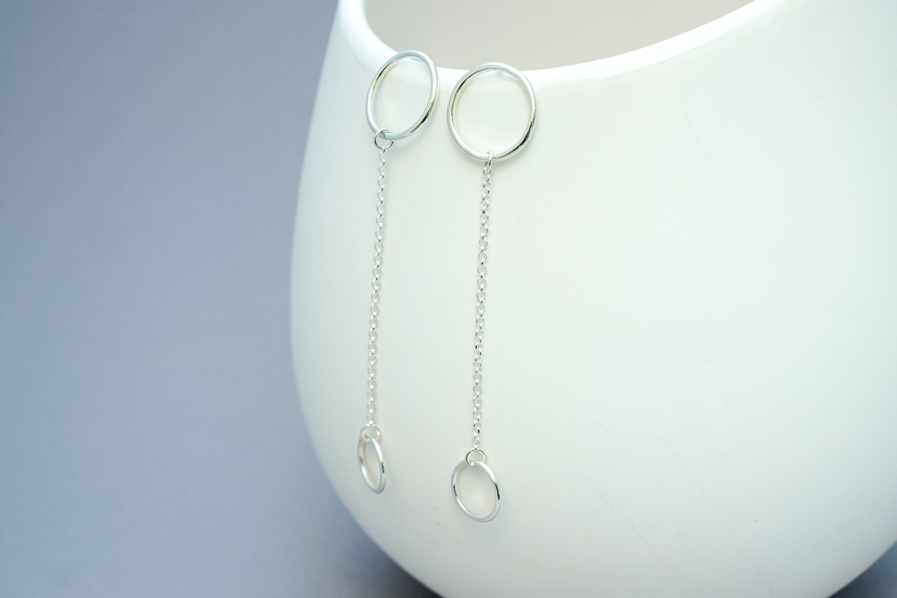 Silver Circle Earrings Circle Chain Earrings Circle Dangle | Etsy