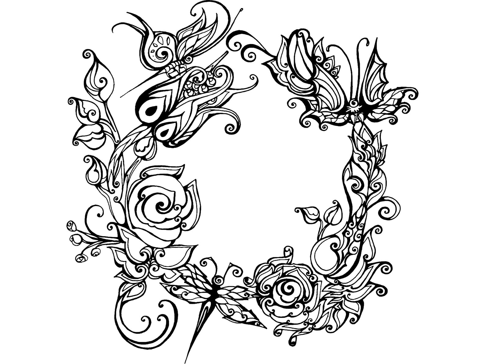 Floral Wreath | B&W Instant Download, Digital, Printable, Color Page ...