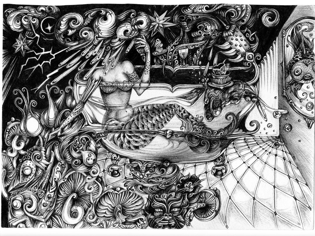 Mermaid, Bathtub | Instant Download, Digital, Printable Art, Color Page ...