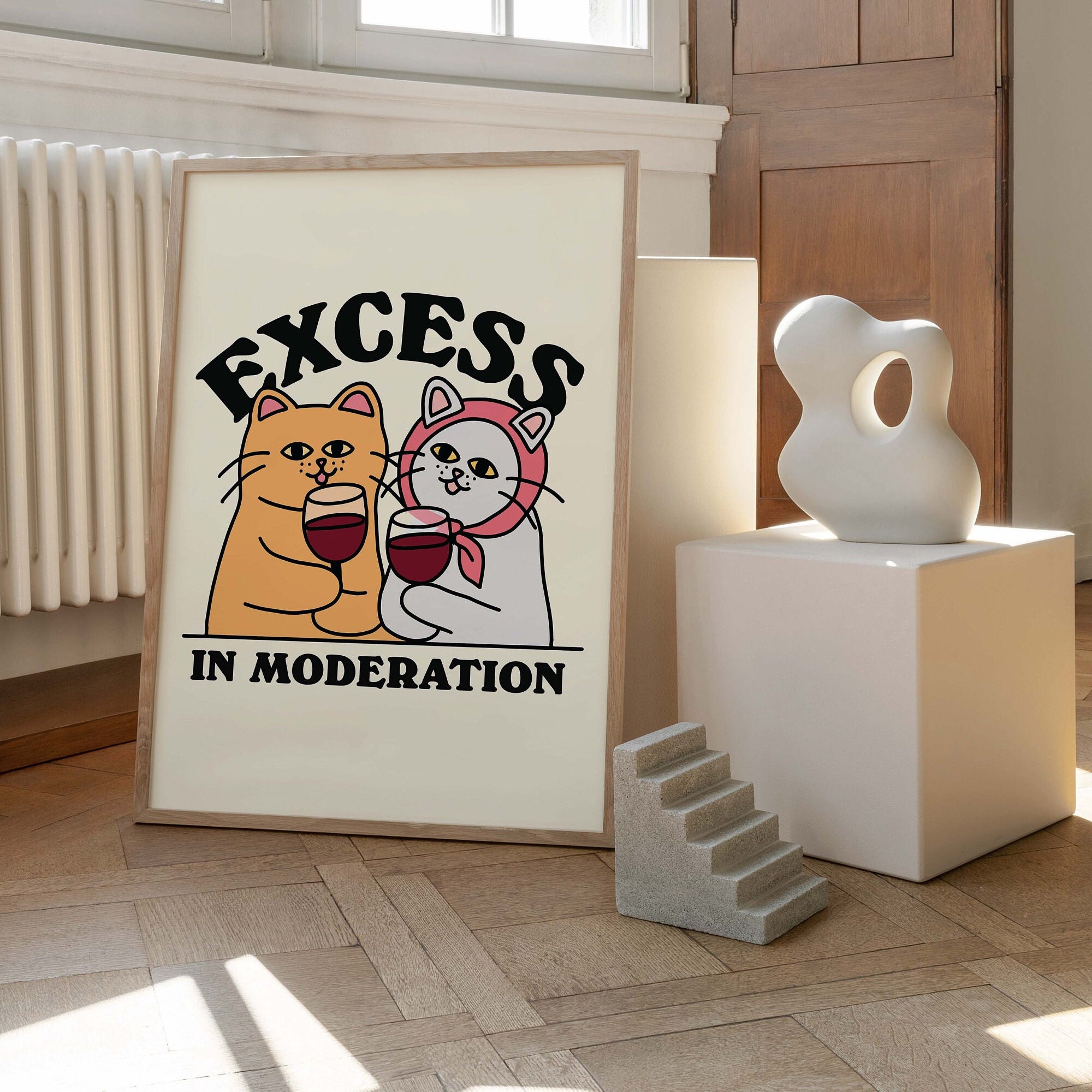 Drunk Cats Wine Print, Retro Drink Alcohol Poster, Cat Excess in ...