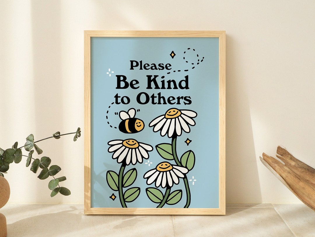 Cute Flowers Poster Print, Vintage Blue Illustration, Bee and Plants ...