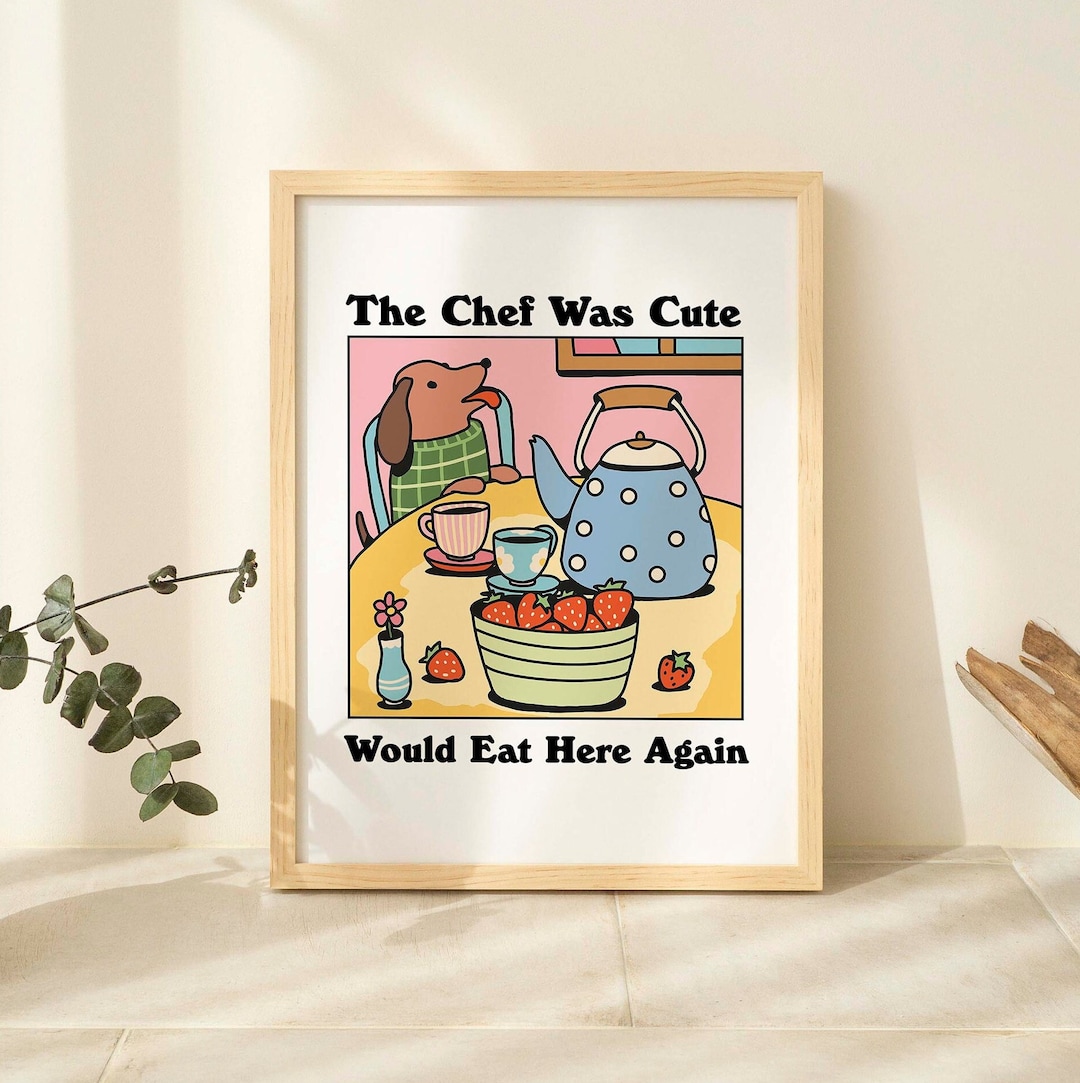 Cafe Dog Cute Print, Retro Drink Poster, Pink Bistro Coffee Posters ...