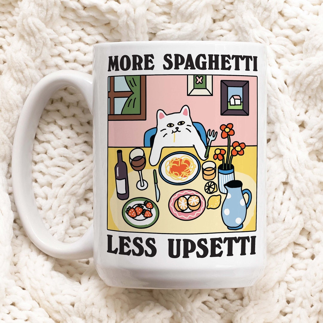Spaghetti Cat Coffee Mug,less Upsetti White Cat Mug, Italian Pasta ...