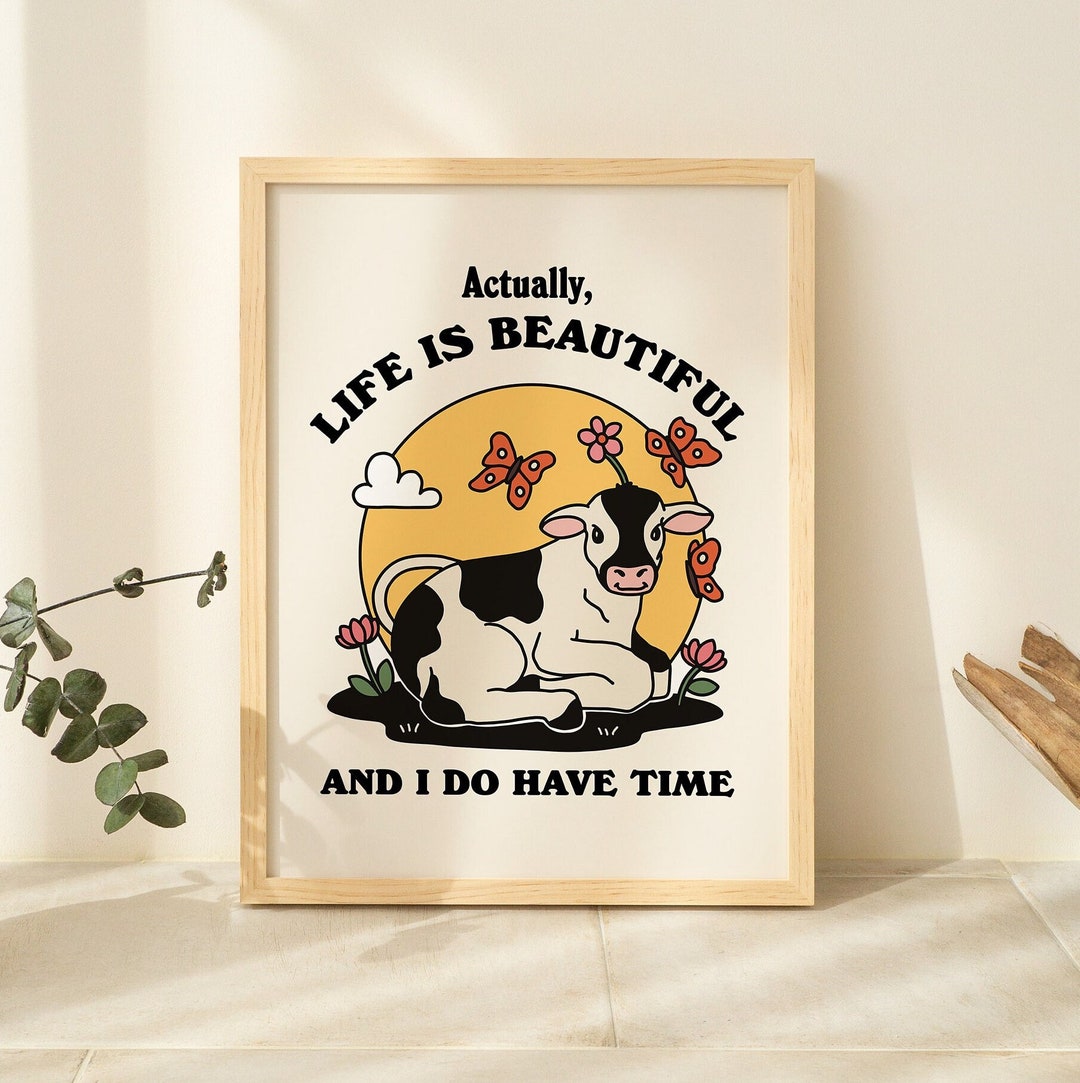 FRAMED Retro Cow Butterfly Print, Life is Beautiful Vintage Style ...