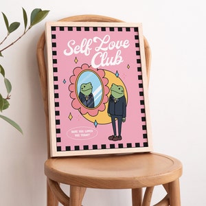 Girly Frog Self Care Wall Print, Positivity Self Love Club, Pink Retro ...