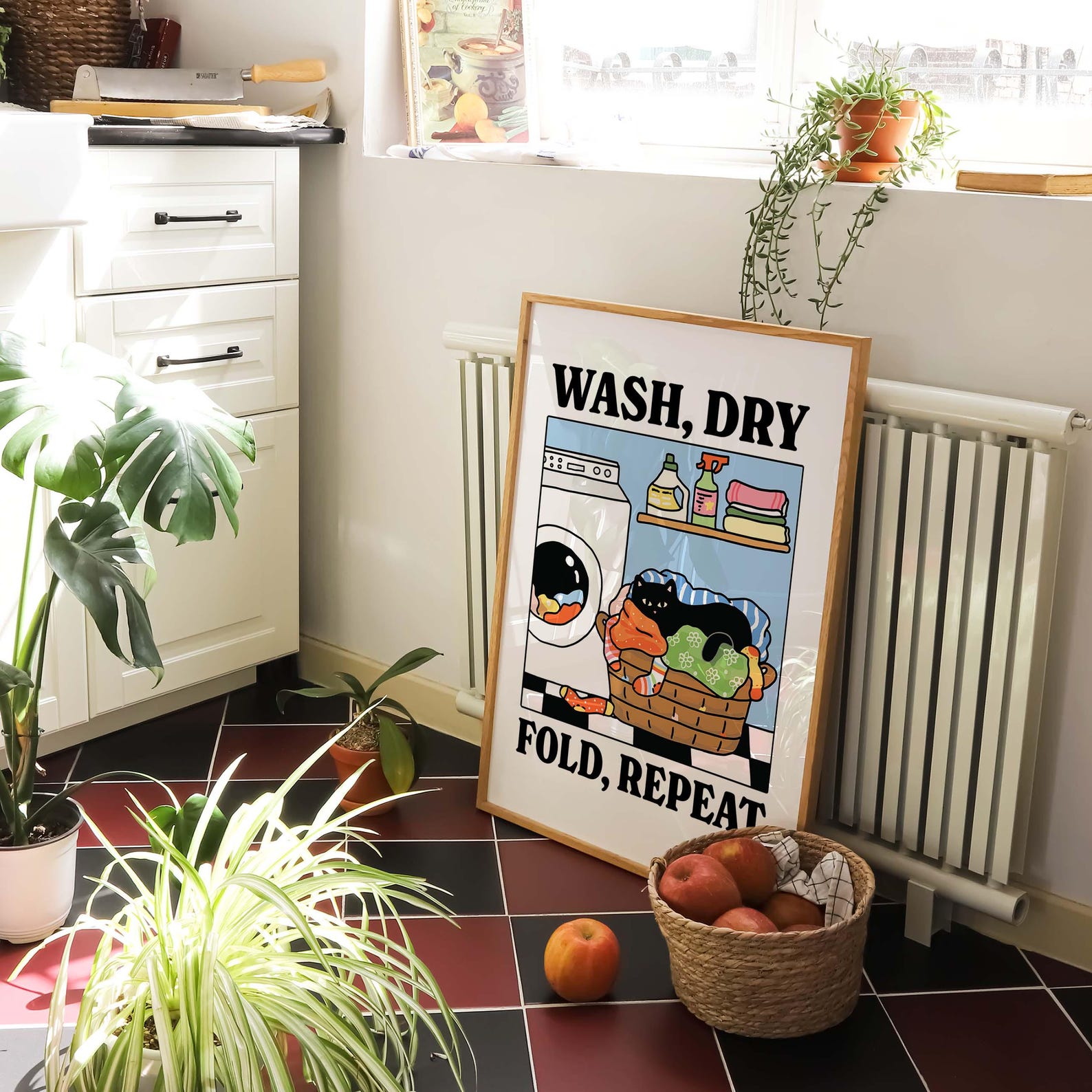 Wash Dry Fold Repeat Cat Print, Cute Bathroom Poster, Wash Room ...