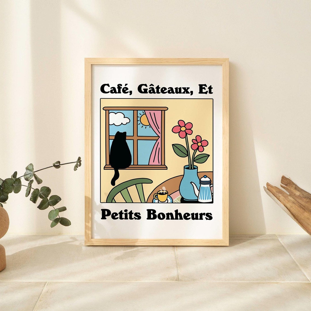FRAMED Le Gateaux, French Cafe Chat Noir Print, Retro Cat Poster ...
