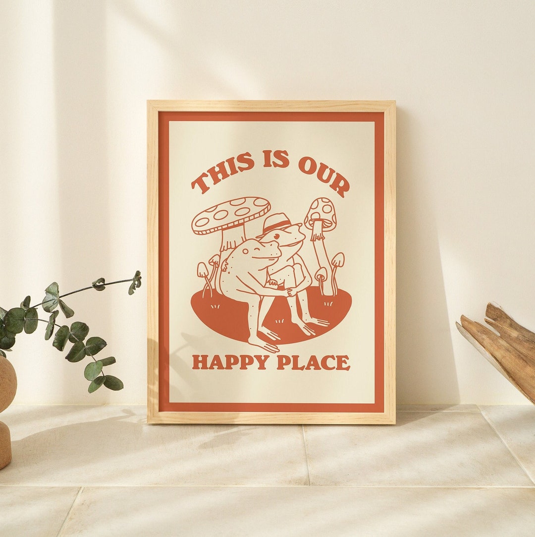 Cottagecore Frog Wall Decor, Cute Mushroom Poster, Happy Place Quote ...