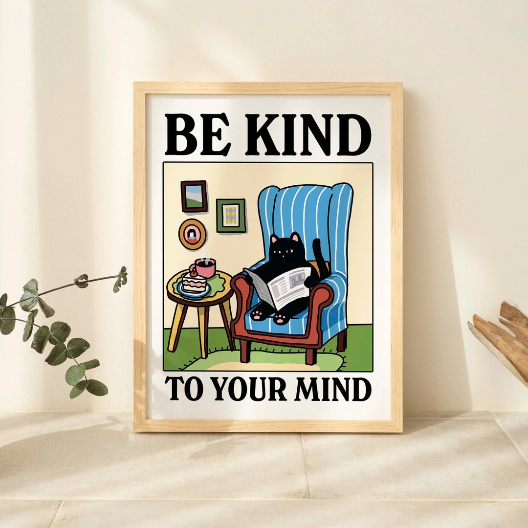 Be Kind Cat Print, Cute Blue Black Cat Poster Illustration, Be Kind to ...